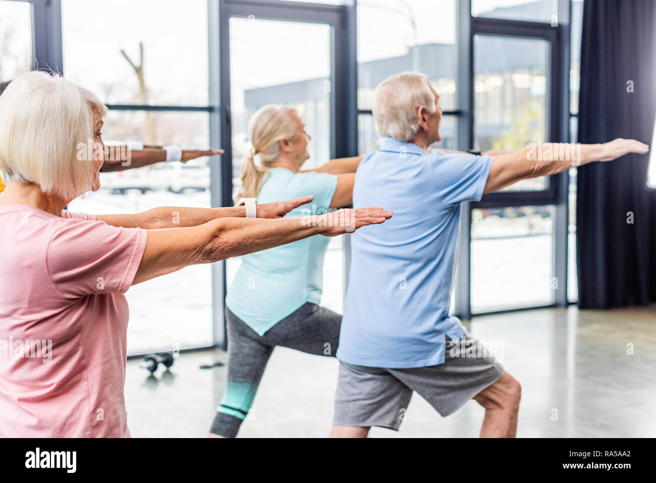 rear view of senior athletes synchronous doing exercise at gym Stock ...