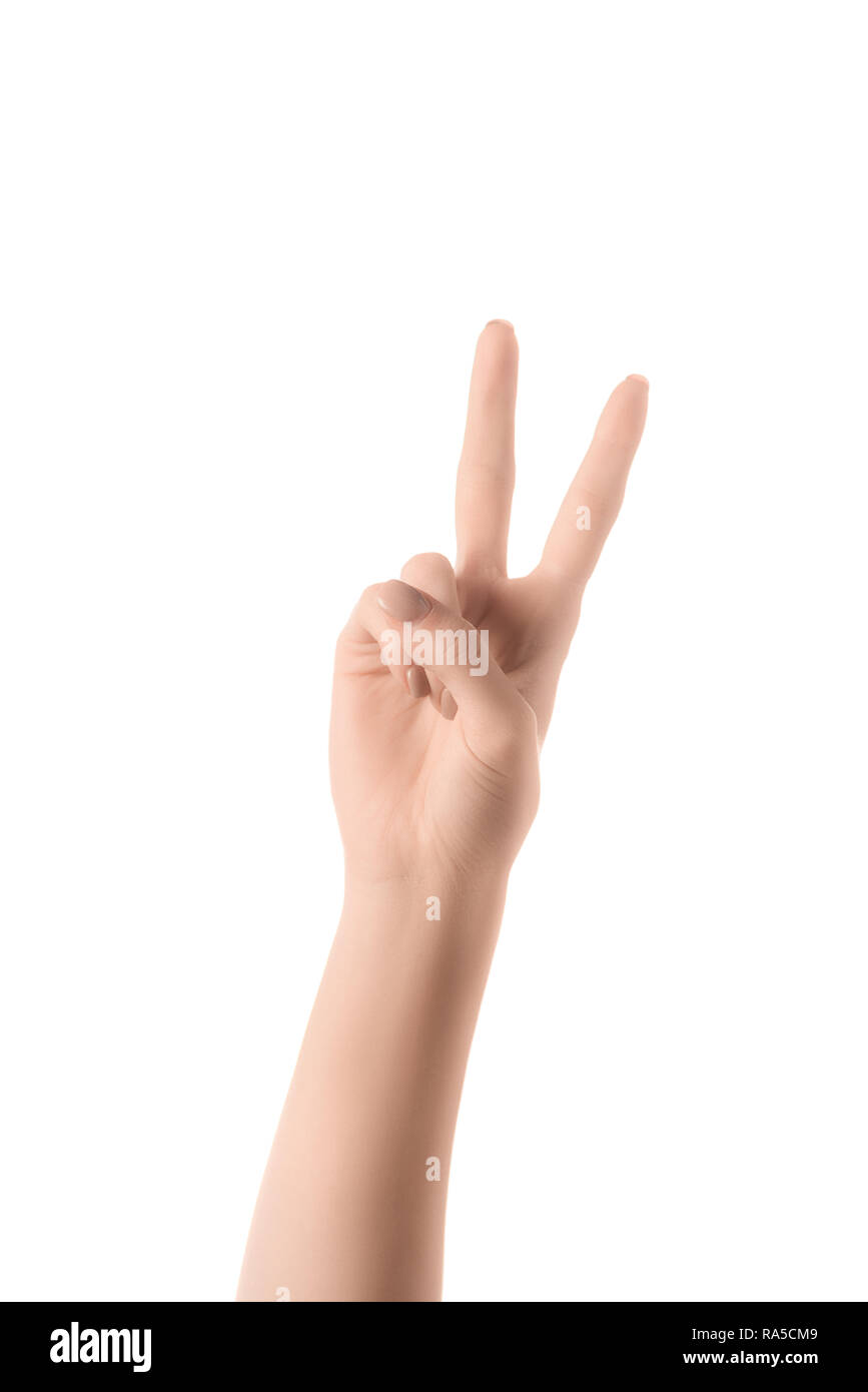 partial view of woman showing number 2 in sign language isolated on ...