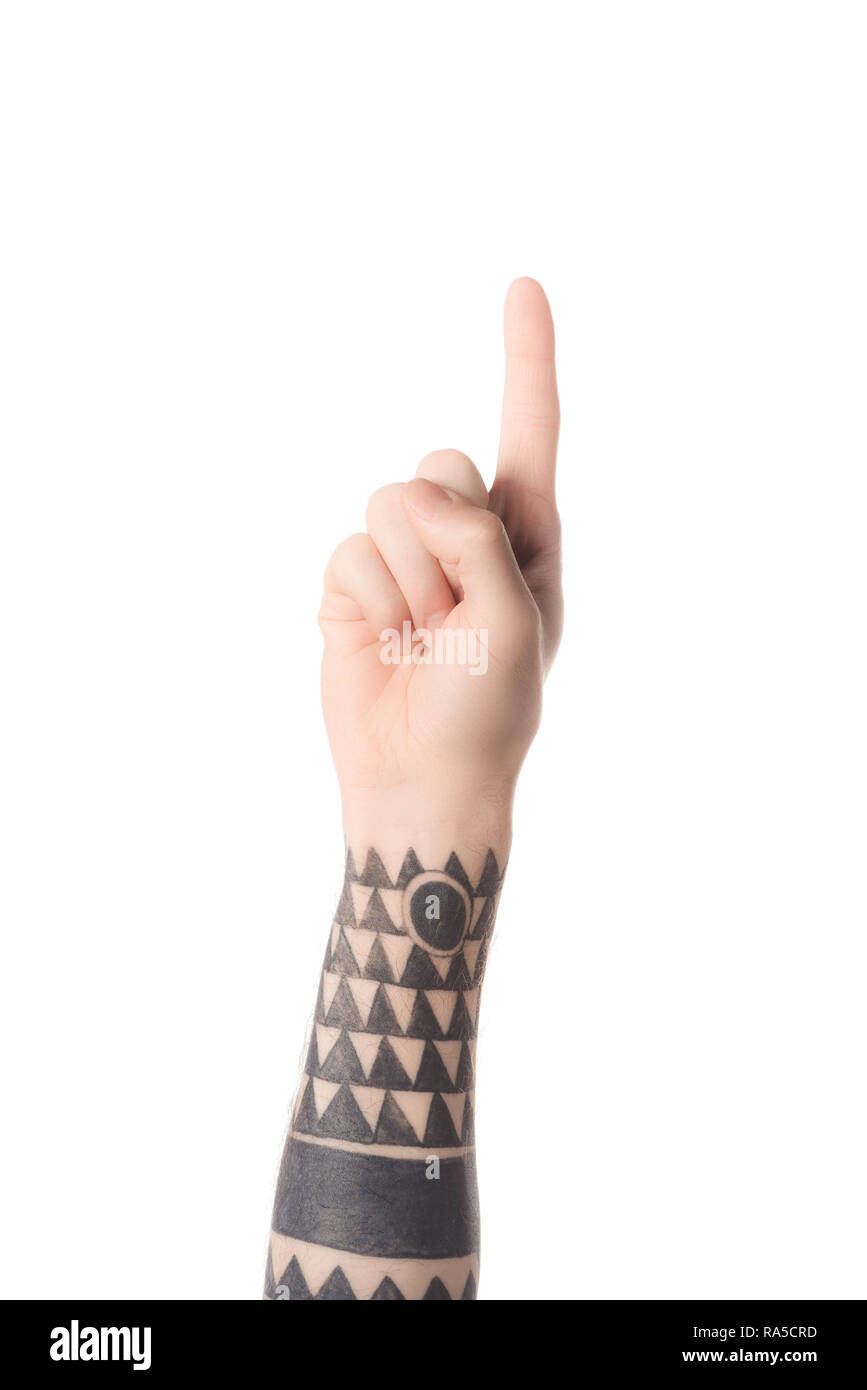 cropped view of tattooed man hand showing number 1 in sign language ...