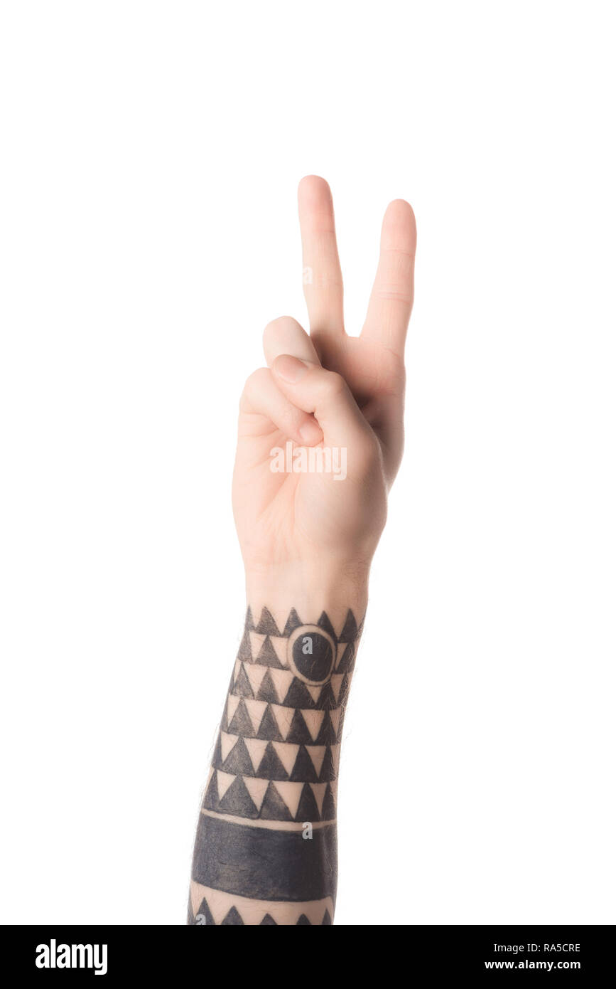 partial view of man showing number 2 in sign language isolated on white ...