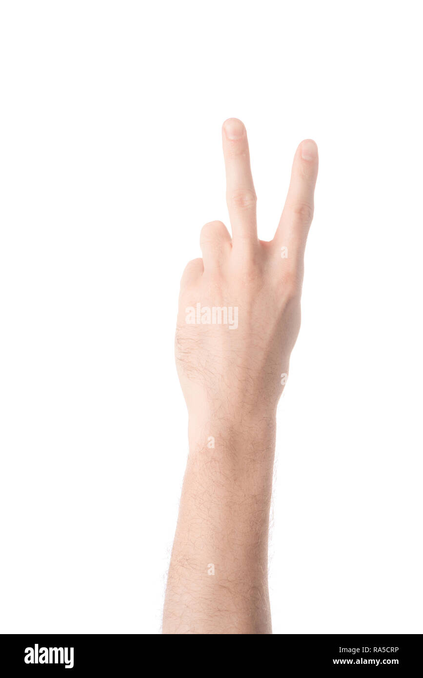 partial view of man showing number 2 in sign language isolated on white ...