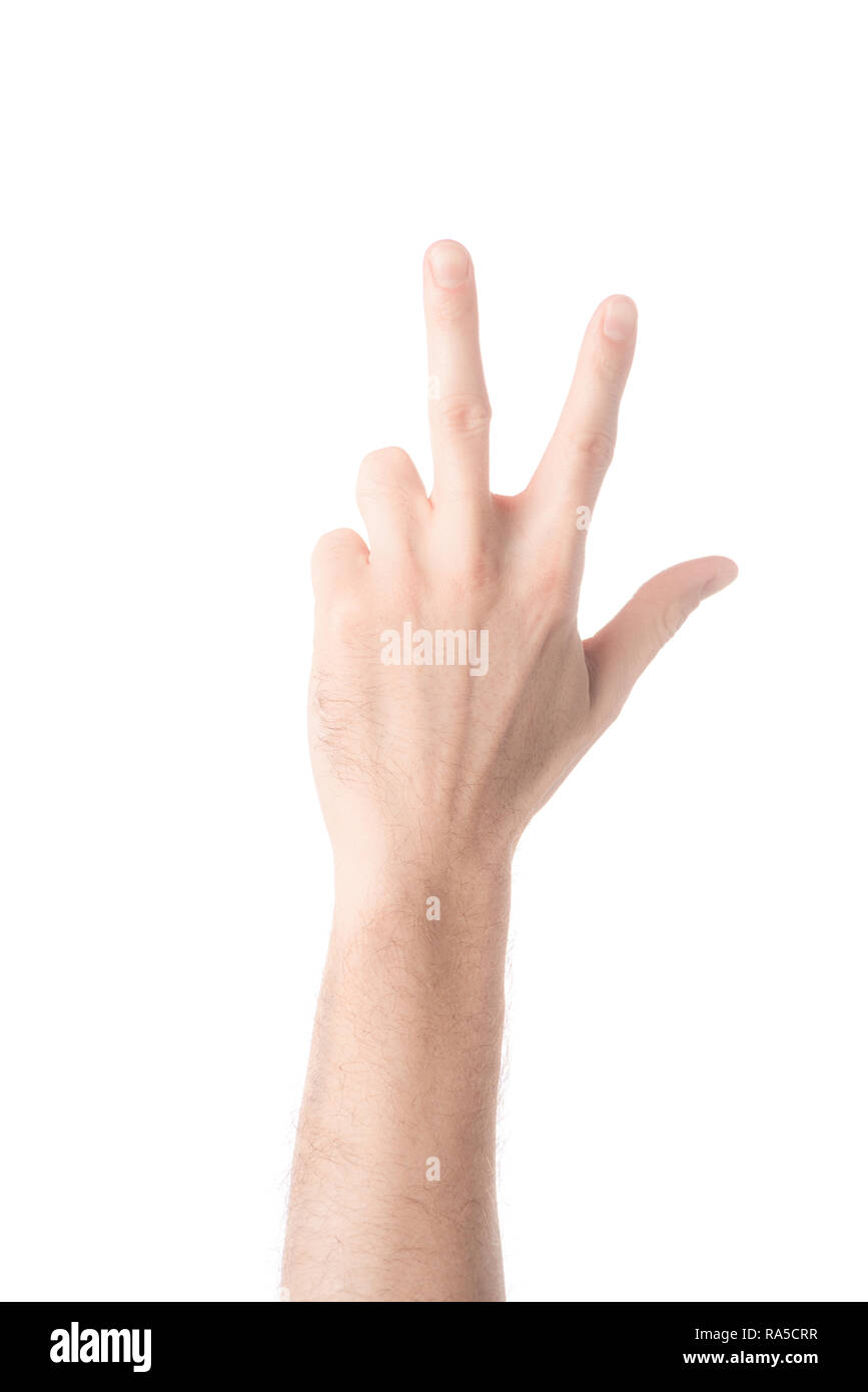 partial view of man showing number 3 in sign language isolated on white ...