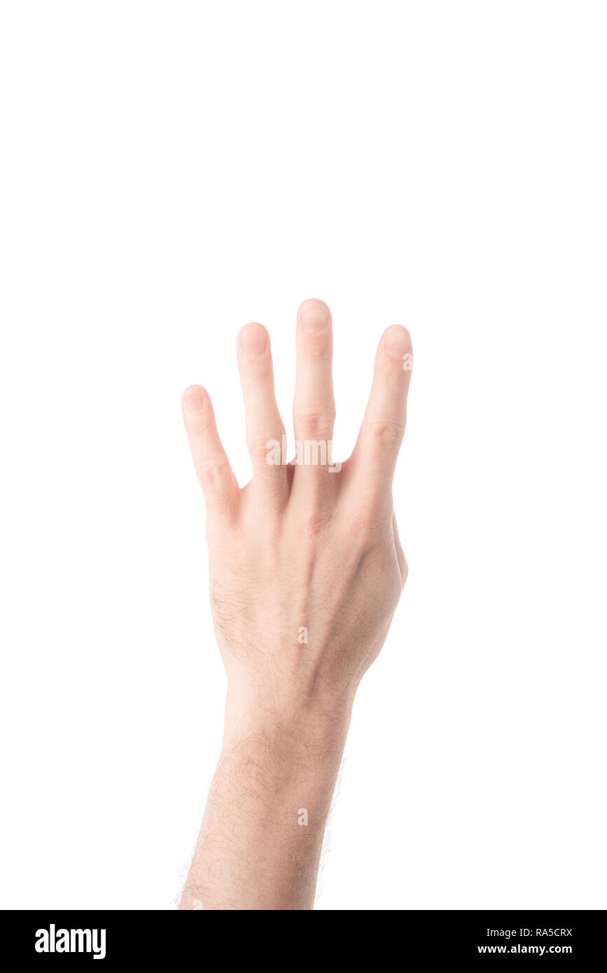 partial view of man showing number 4 in sign language isolated on white ...