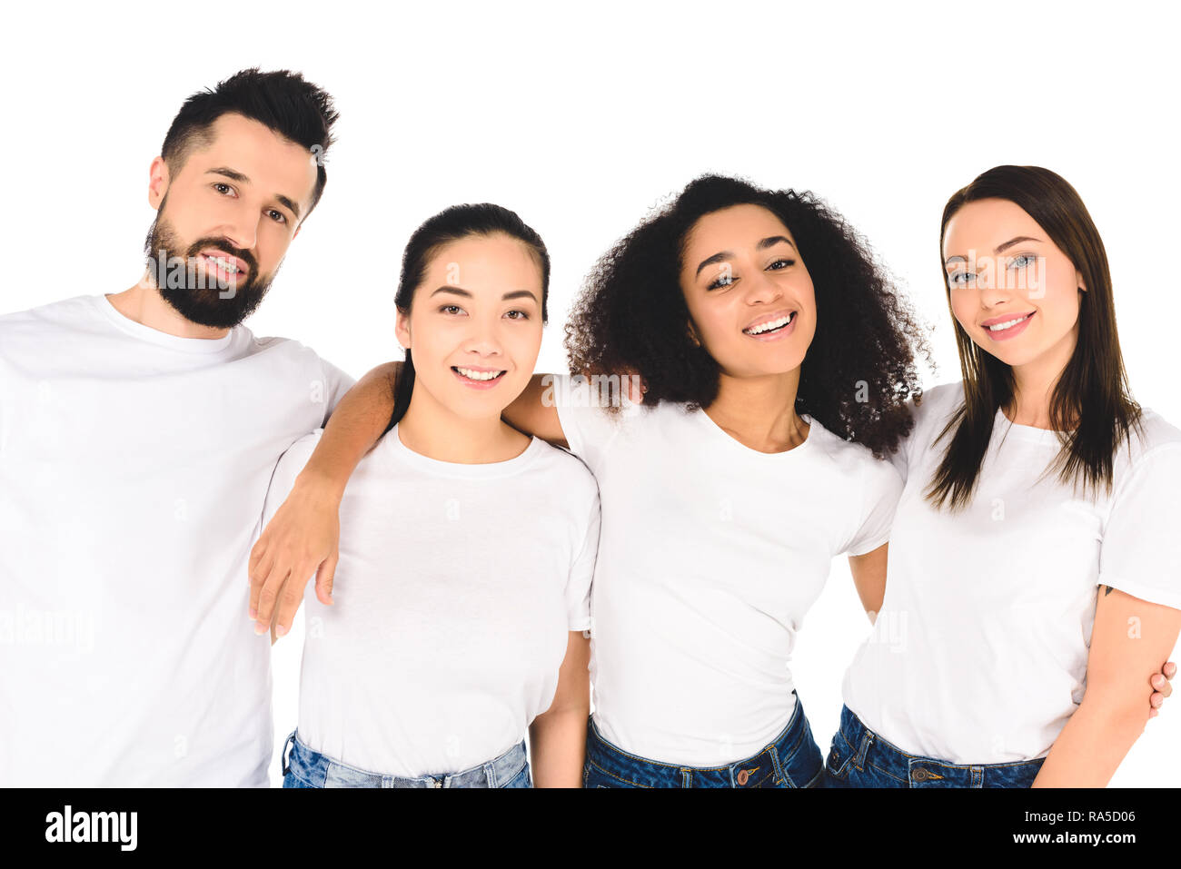multicultural group of friends hugging and looking at camera isolated ...