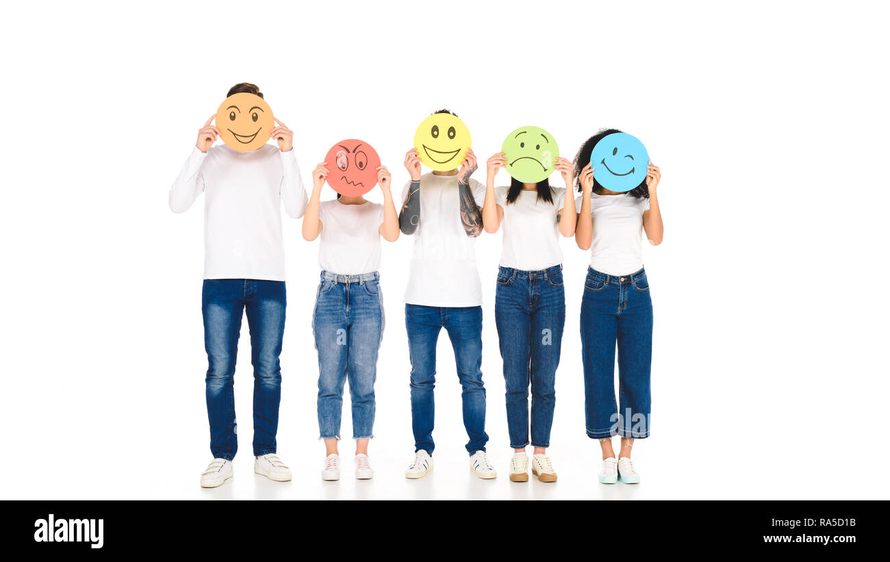 multicultural friends in white T-shirts with different multicolored ...