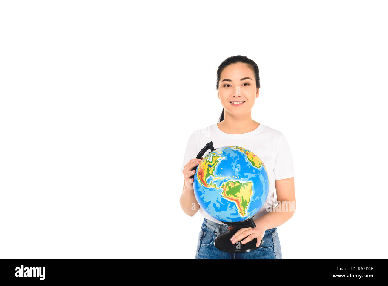 cheerful young woman holding globe isolated on white Stock Photo - Alamy cheerful young woman holding globe isolated on white Stock Photo - Alamy