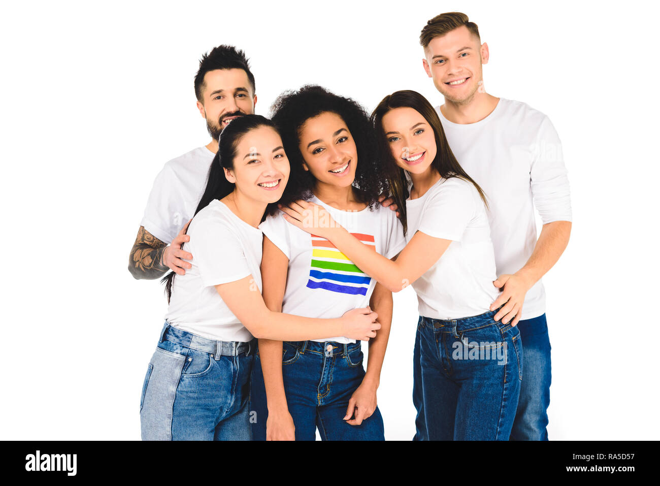multiethnic group of young people hugging with african american woman ...