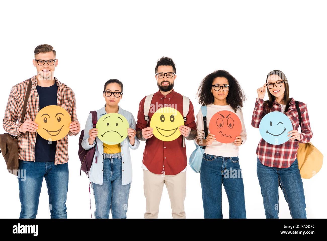 multicultural group of young people showing emotions on cards isolated ...