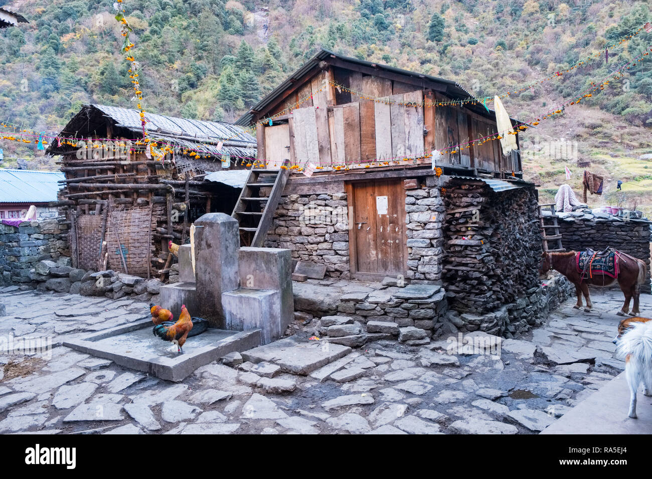 Two storey stone and wooden buildings in a Nepal village Stock Photo ...