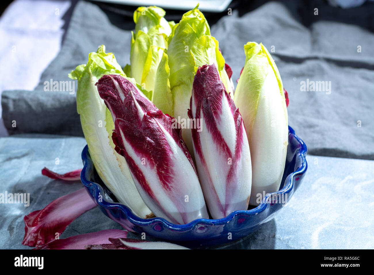 Group of fresh green Belgian endive or chicory and red Radicchio ...