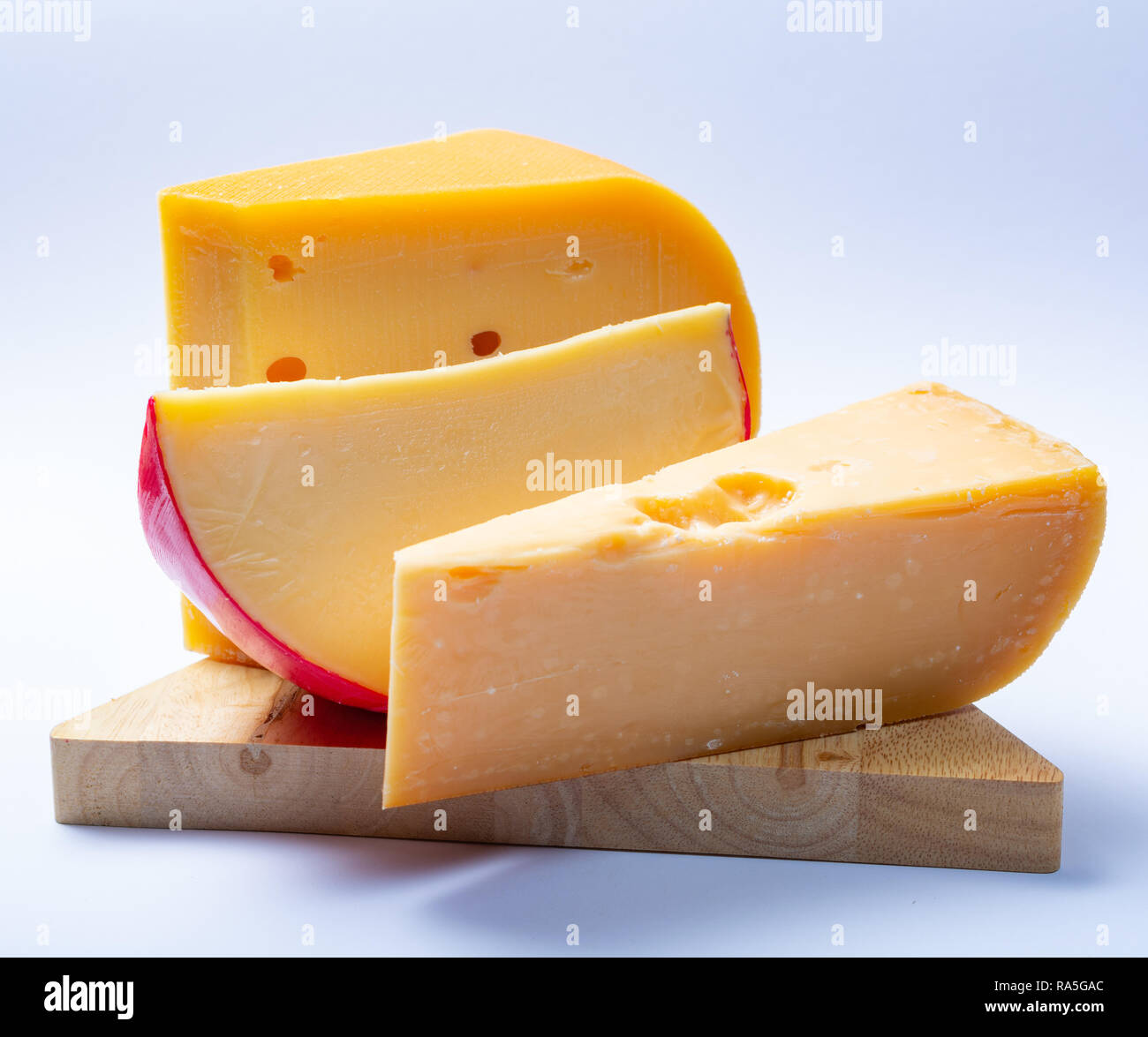 Assortment of traditional Dutch hard old cheeses made from cow milk ...
