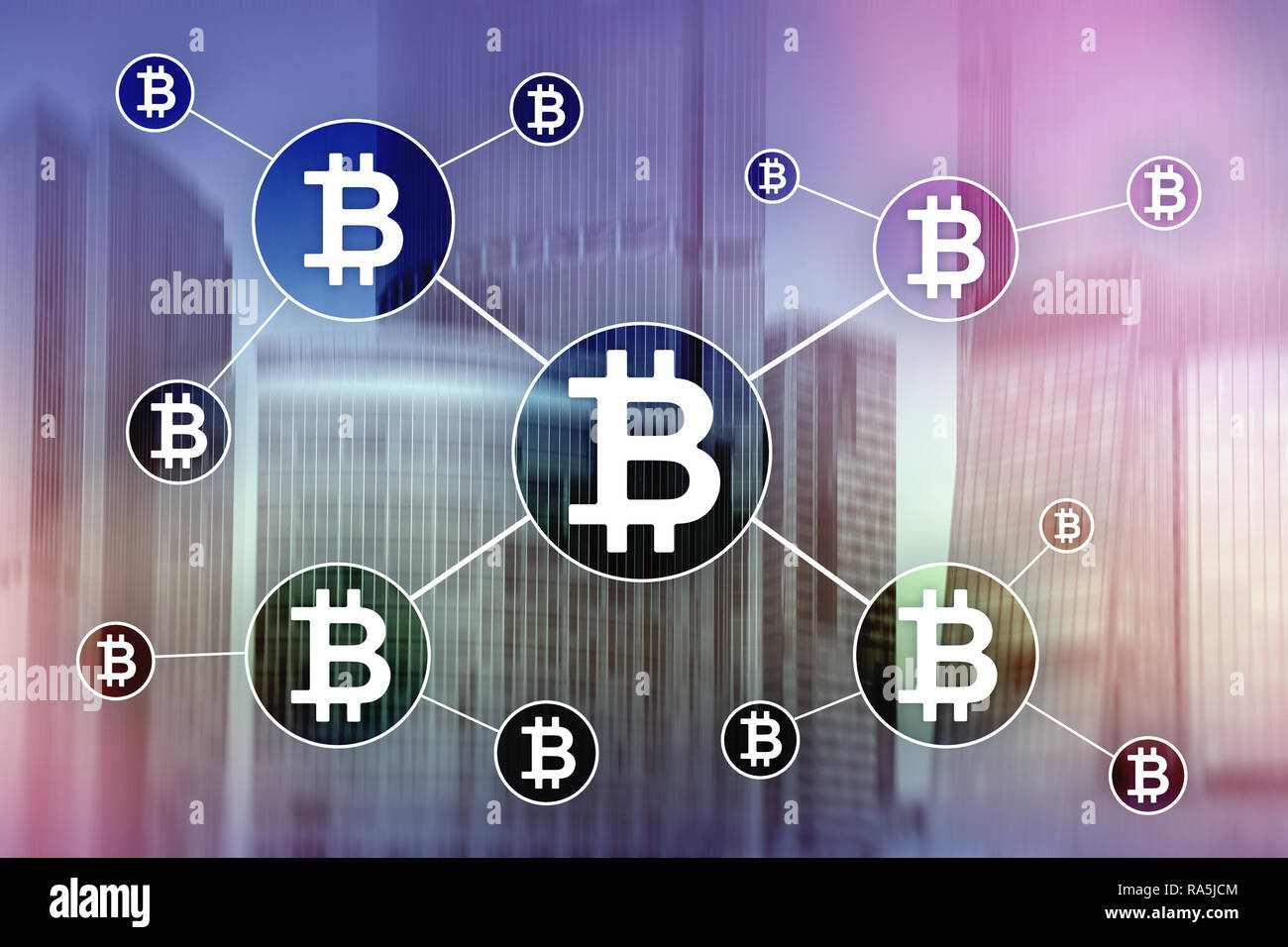 Bitcoin cryptocurrency and blockchain technology concept on blurred ...