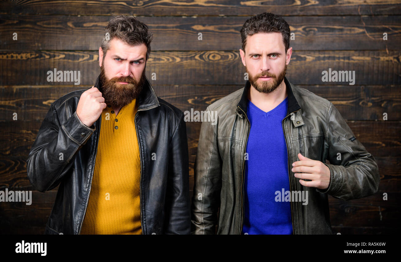 Brutal men wear leather jackets. Leather fashion menswear. Handsome ...