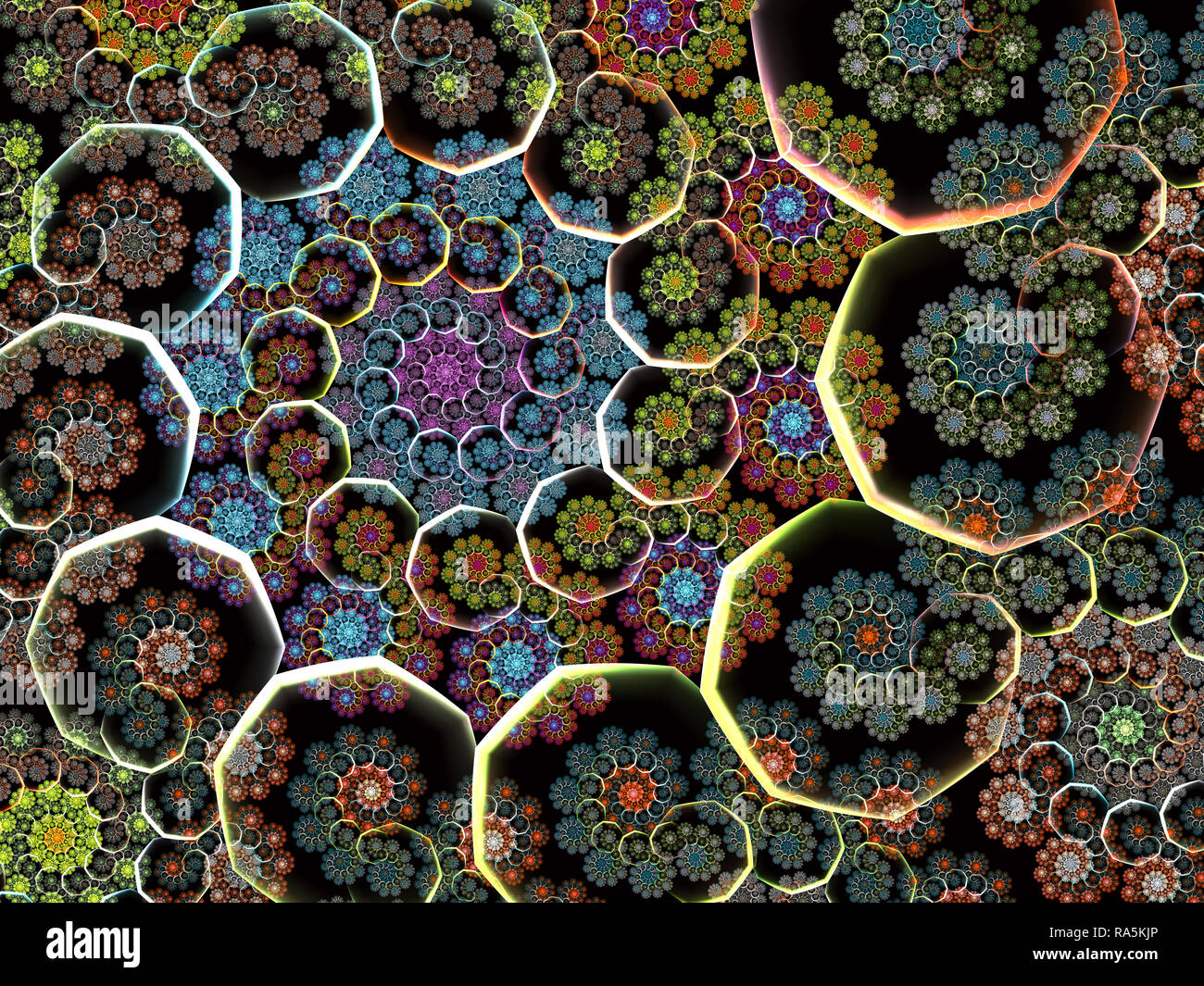 Colorful snow fractal. Winter background with snowflakes forming spiral ...