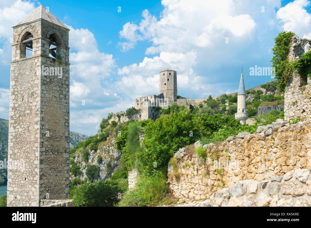 Medieval citadel, Sahat Kula clock tower and Hajji Alija Mosque minaret ...