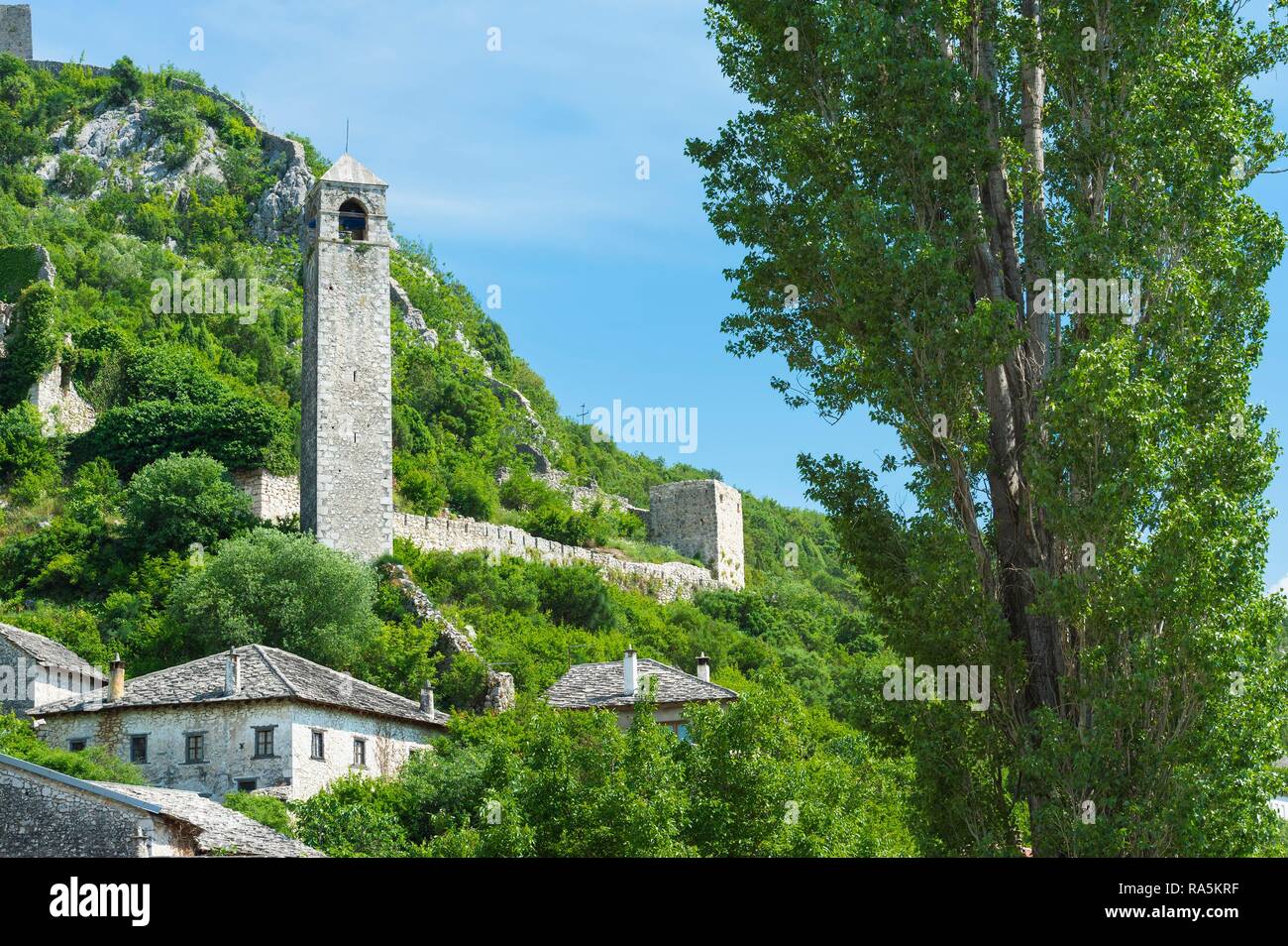 Sahat Kula clock tower in the medieval citadel of Pocitelj, Bosnia and ...