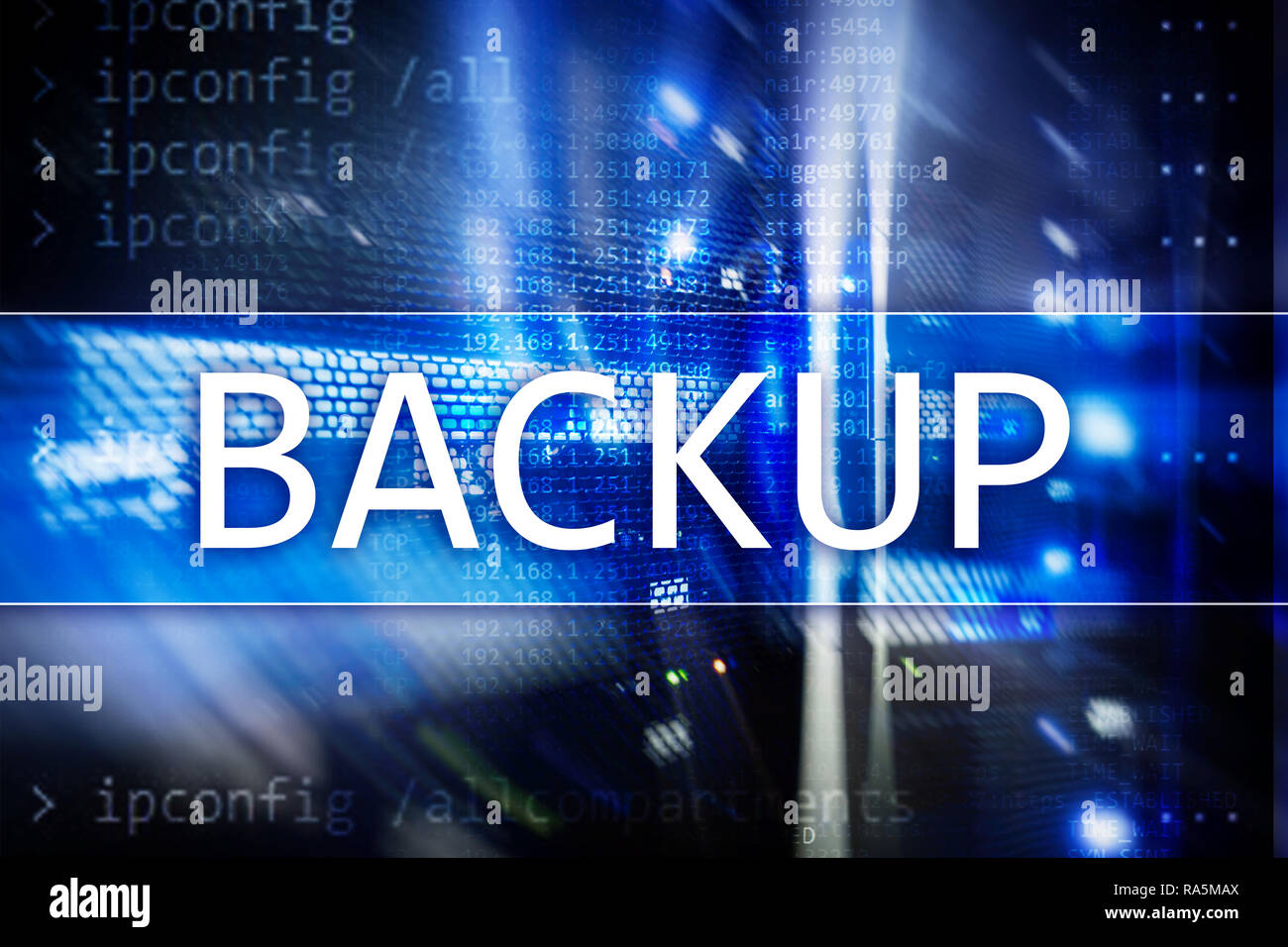 Backup button on modern server room background. Data loss prevention ...