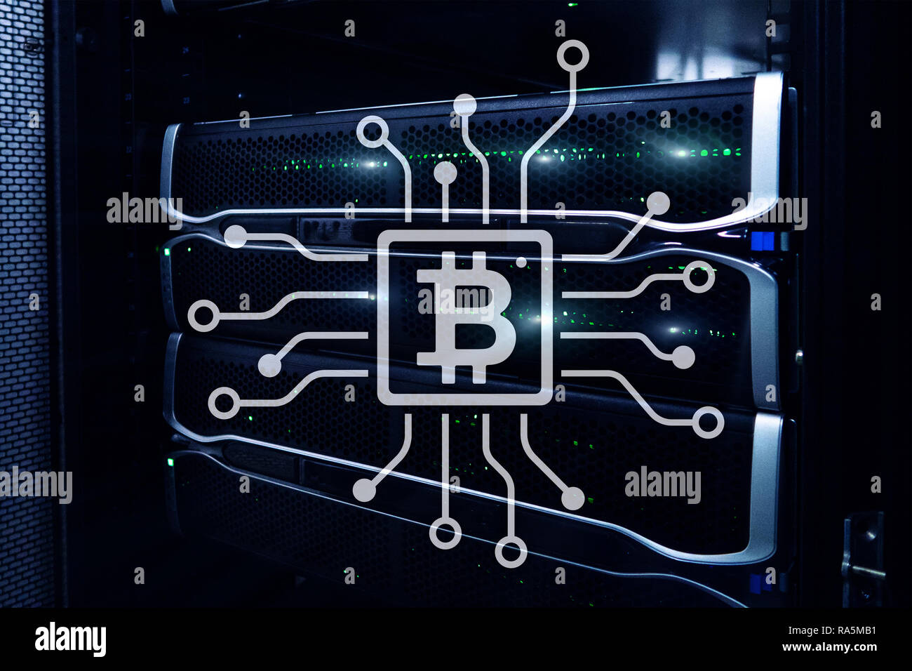 Bitcoin, Blockchain concept on server room background Stock Photo - Alamy