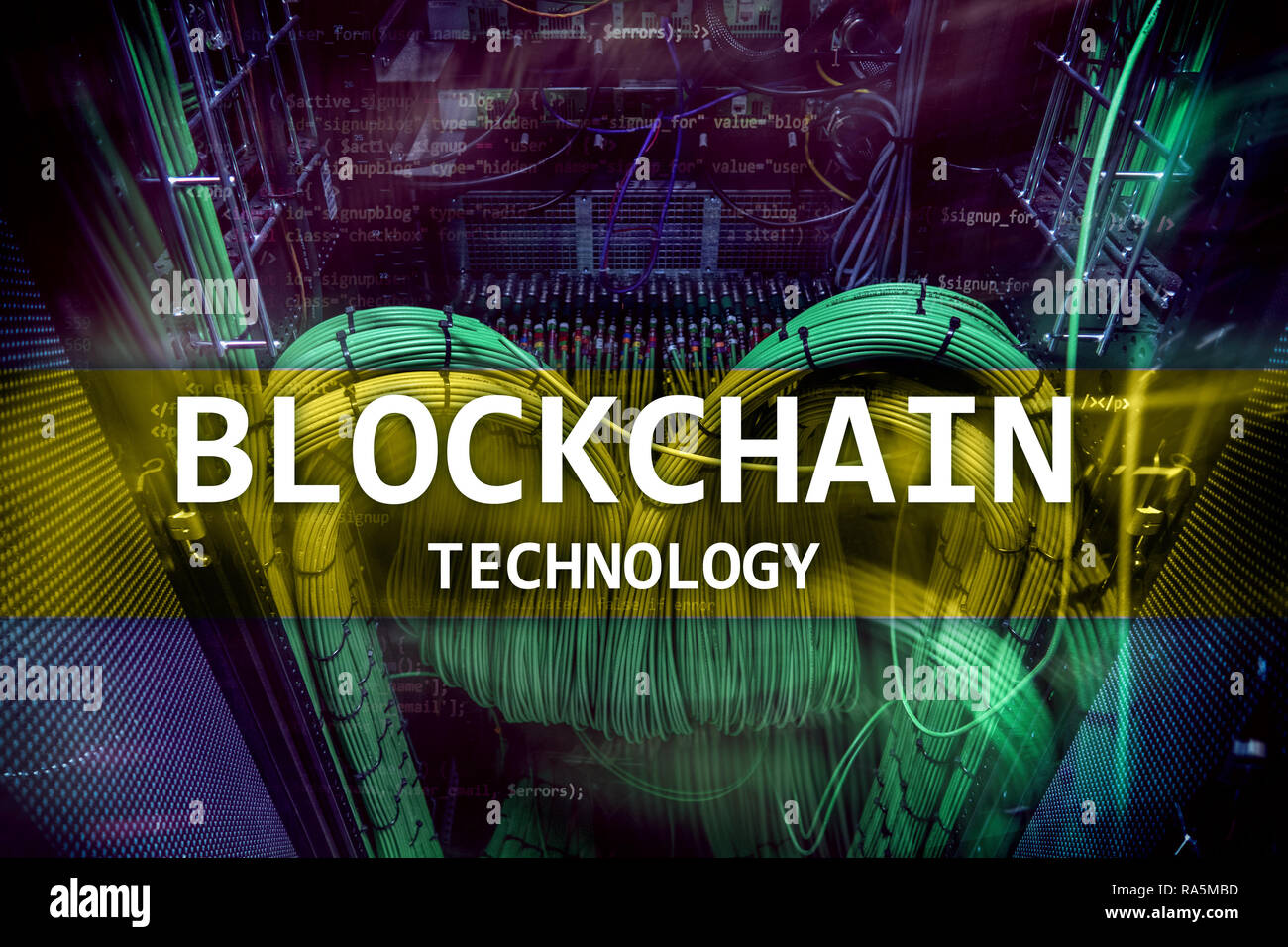 Blockchain technology, cryptocurrency mining. Server room data Stock ...