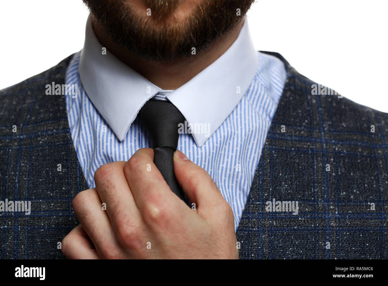 Male arm in blue suit set tie closeup Stock Photo - Alamy