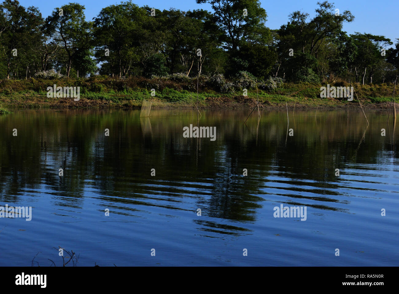 Beautiful lake view with blue reflection of sky on water in daylight ...