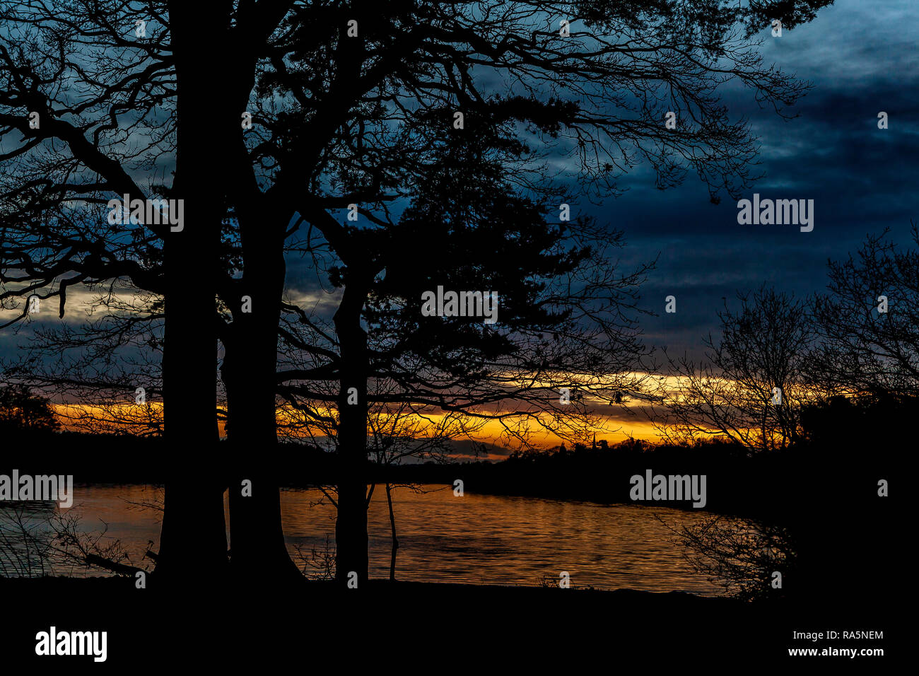stunning sunset over Clumber park lake, Nottinghamshire, England Stock ...