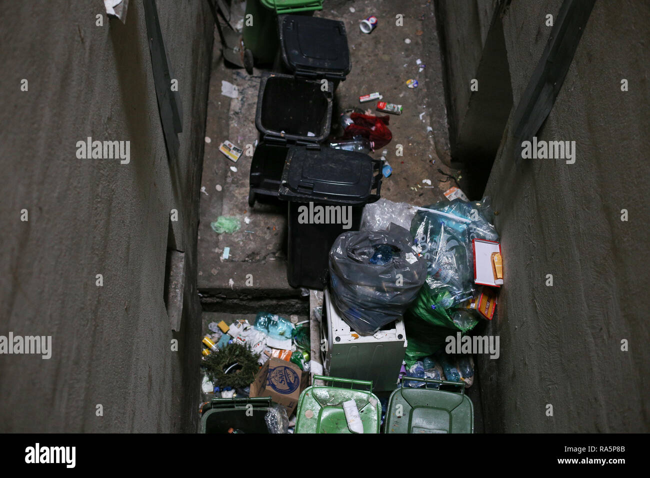 Bucharest, Romania - January 1, 2019: Full of garbage and very dirty ...