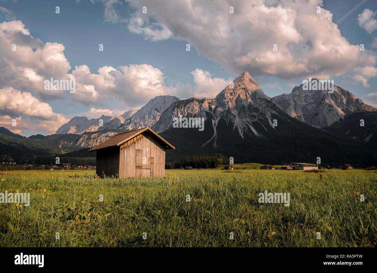 Haystack, hut in a meadow, Sonnenspitze at the back, mountain landscape ...