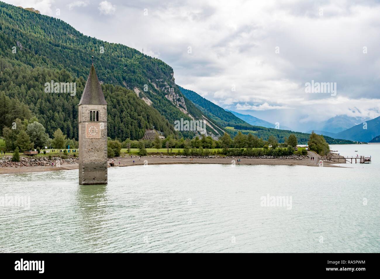 Church tower of Alt-Graun, Reschensee reservoir, Graun im Vinschgau ...