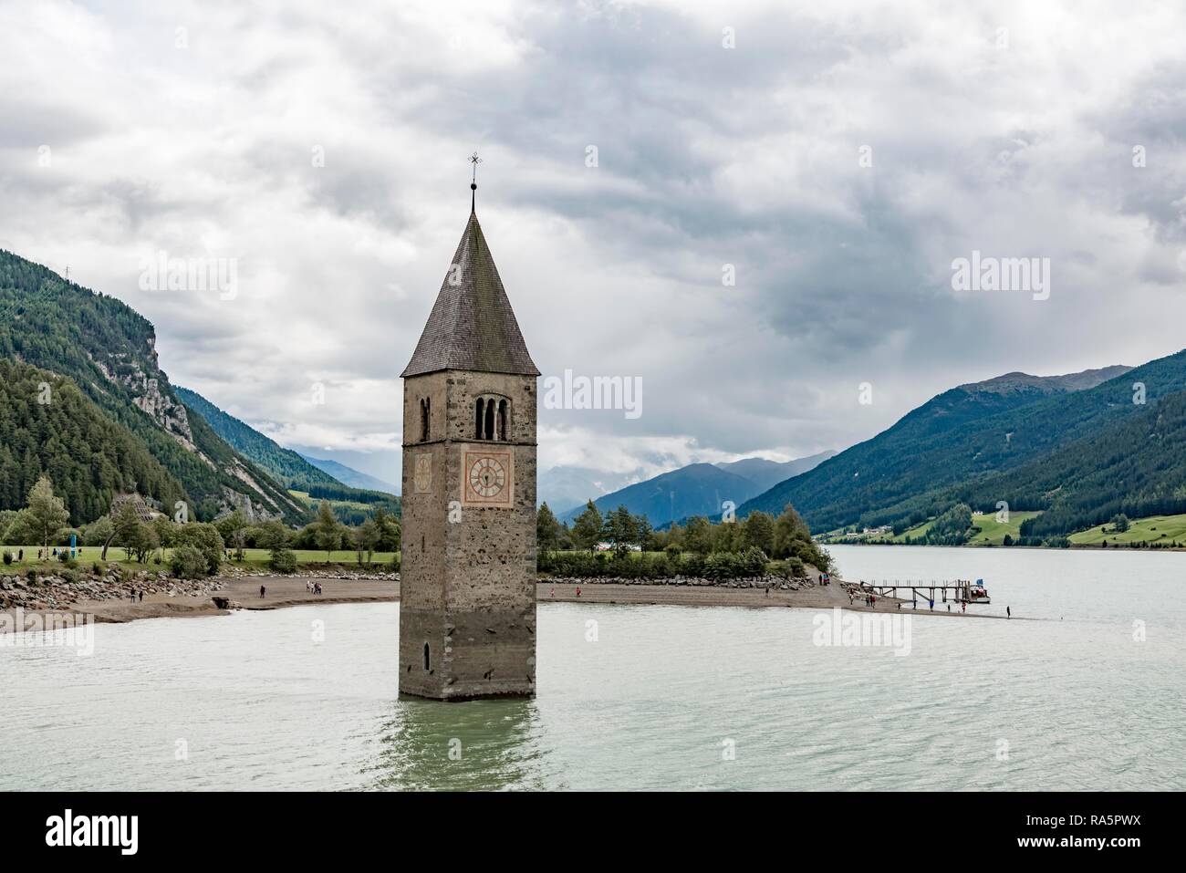 Church tower of Alt-Graun, Reschensee reservoir, Graun im Vinschgau ...