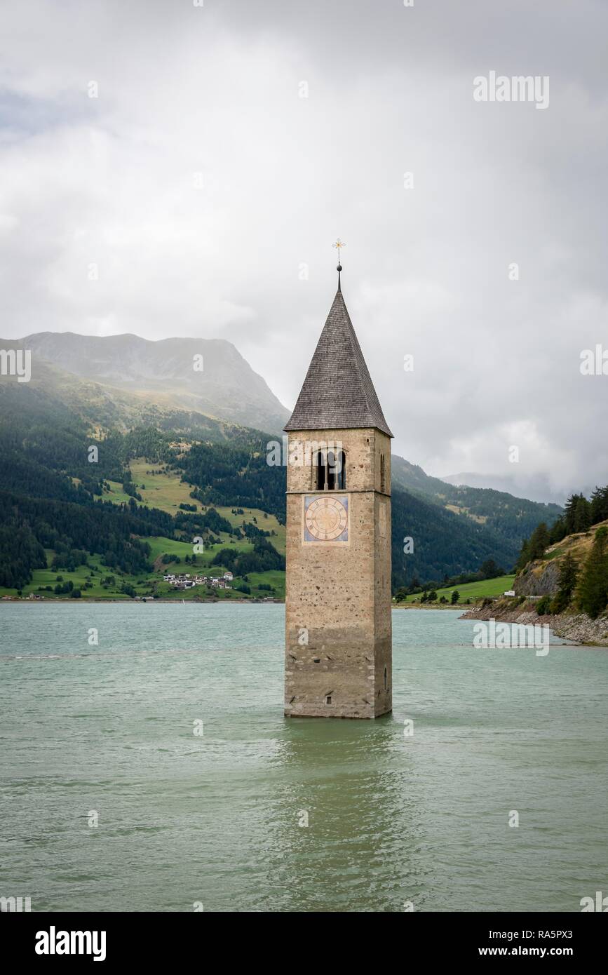 Church tower of Alt-Graun, Reschensee reservoir, Graun im Vinschgau ...
