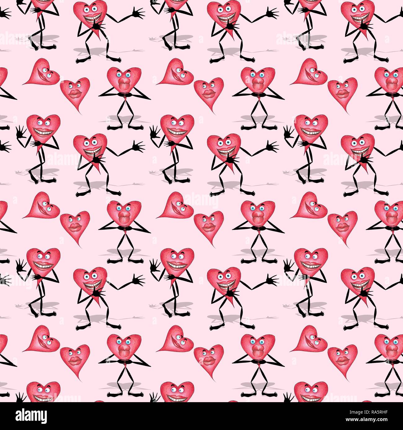 Wallpaper, wrapping paper, seamless pattern, hearts with faces, arms ...