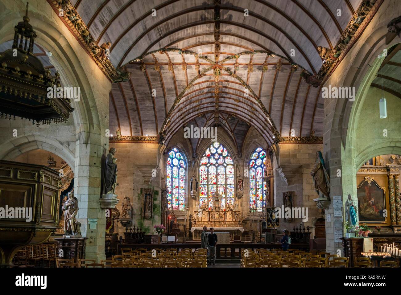 Interior with sanctuary, Calvary church Saint-Germain, Pleyben ...