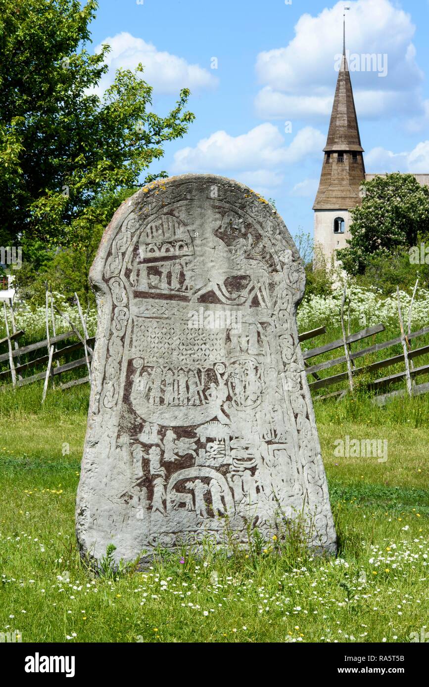 Stone carving with Church of Ardre, Gotland, Sweden, Europe Stock Photo ...