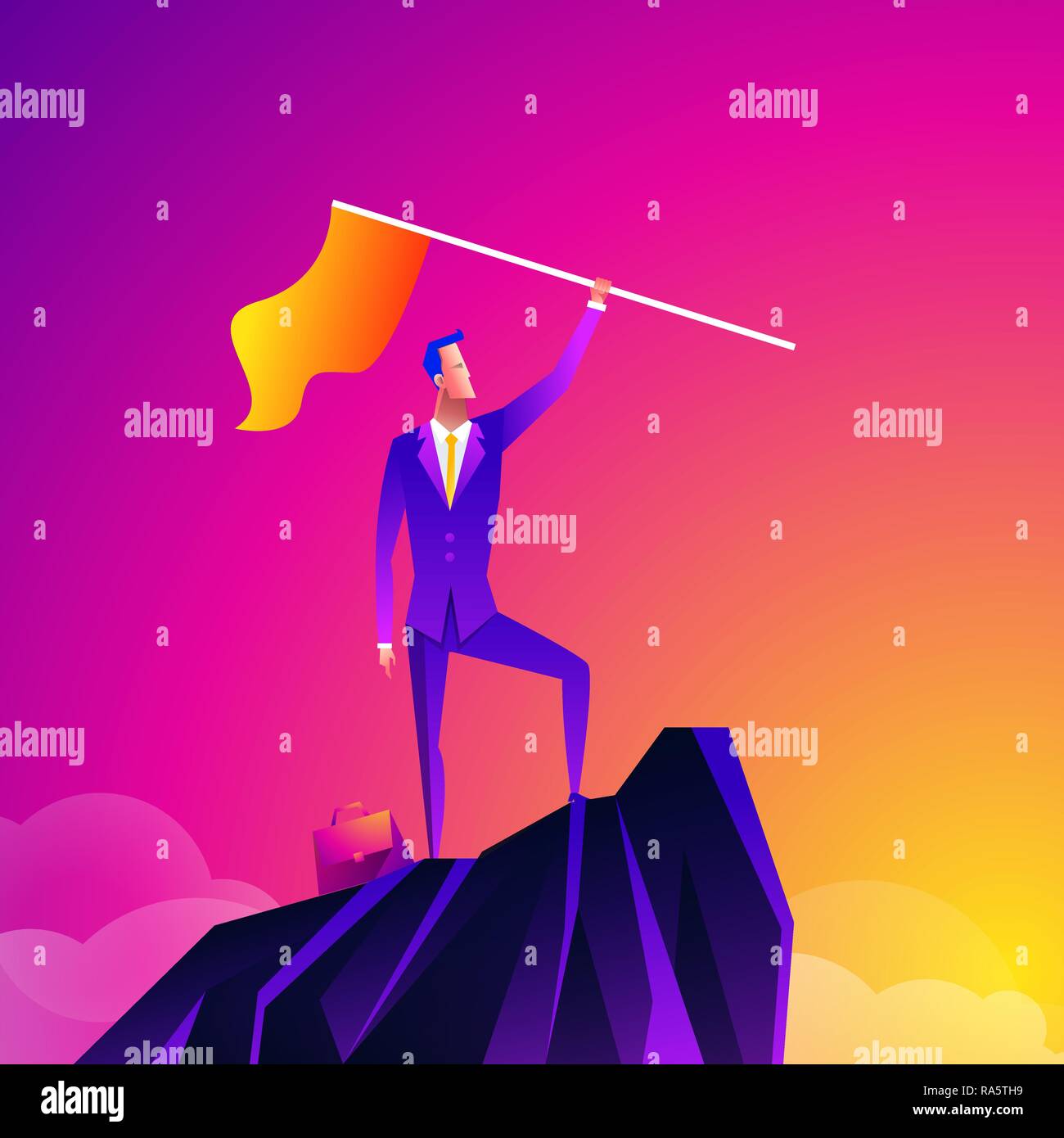 Business leader vector concept with businessman planting flag on top of ...