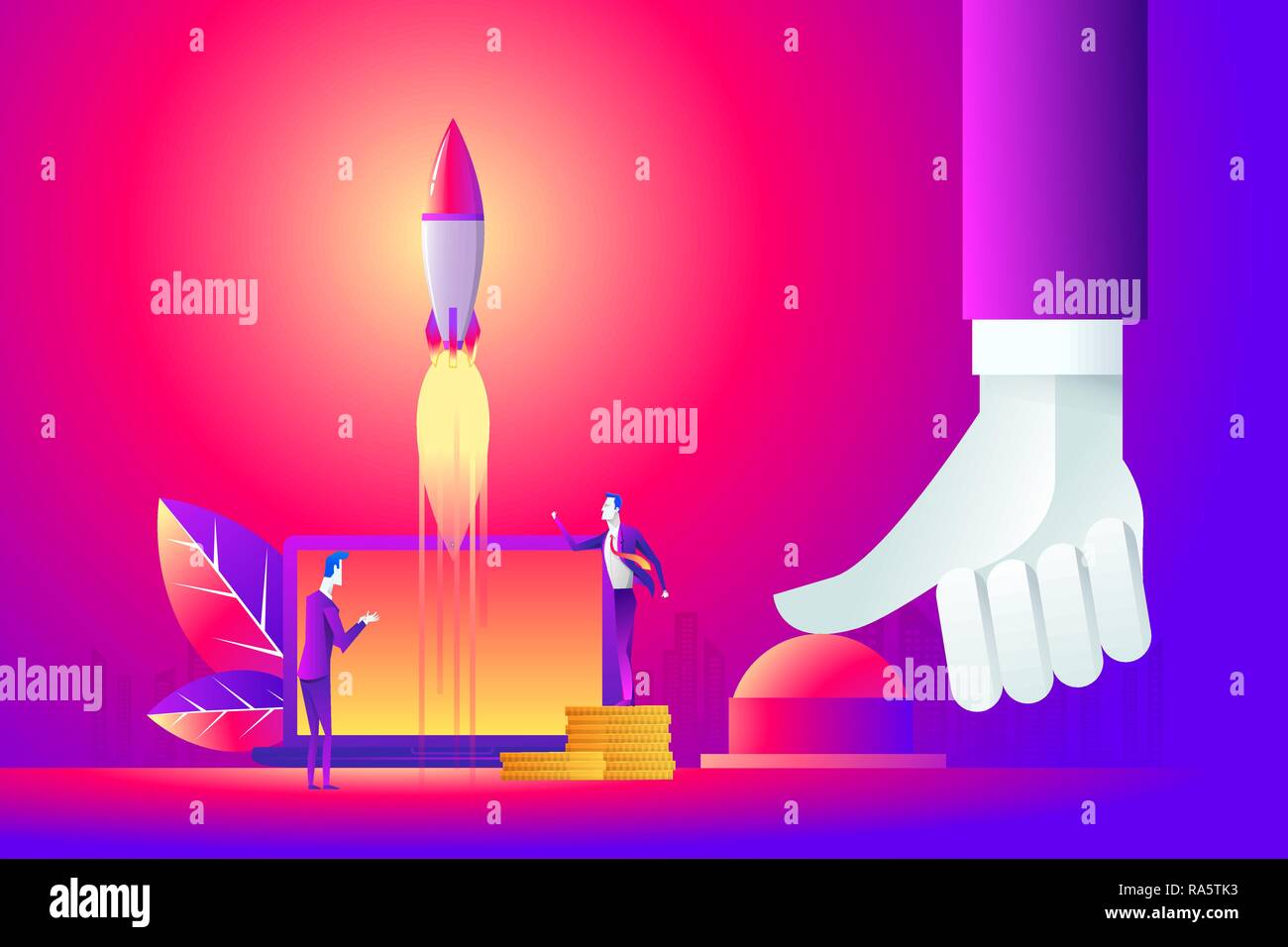 Business concept illustration of a businessman hand pushing start ...