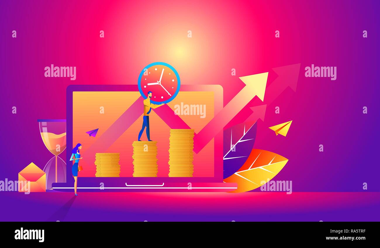 Business man holding clock on his hand. Time management concept. Vector ...