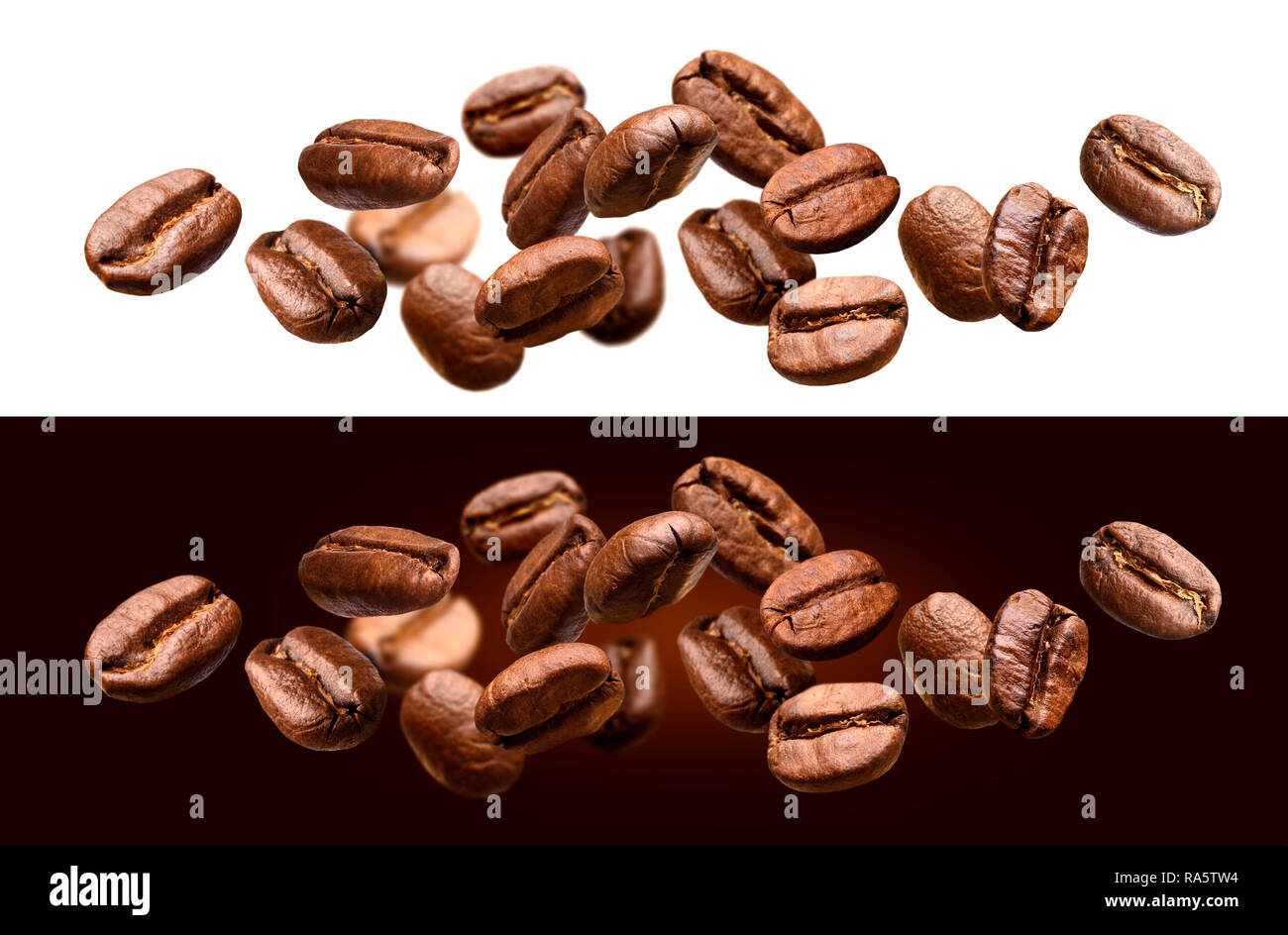 Falling coffee beans isolated on white and black background Stock Photo ...
