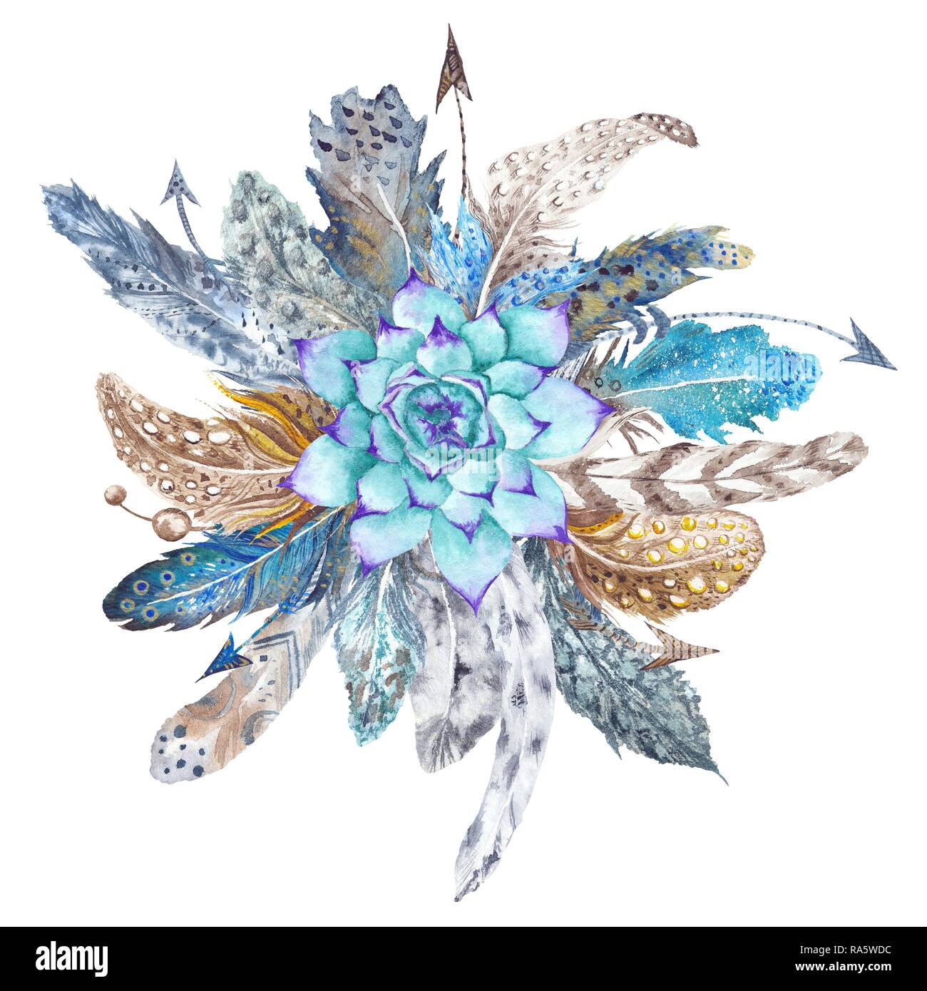 Stylish watercolor hand-painted vignette with feathers, florals, arrows ...