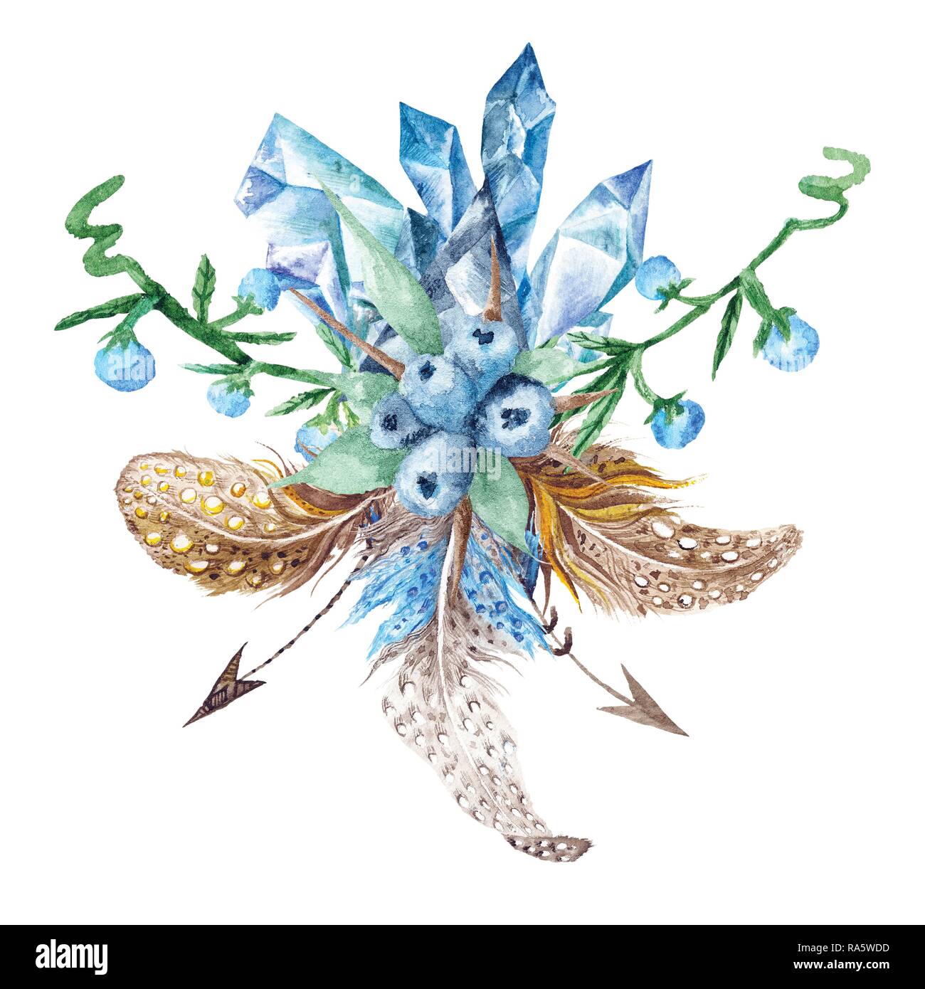 Stylish watercolor hand-painted vignette with feathers, florals, arrows ...