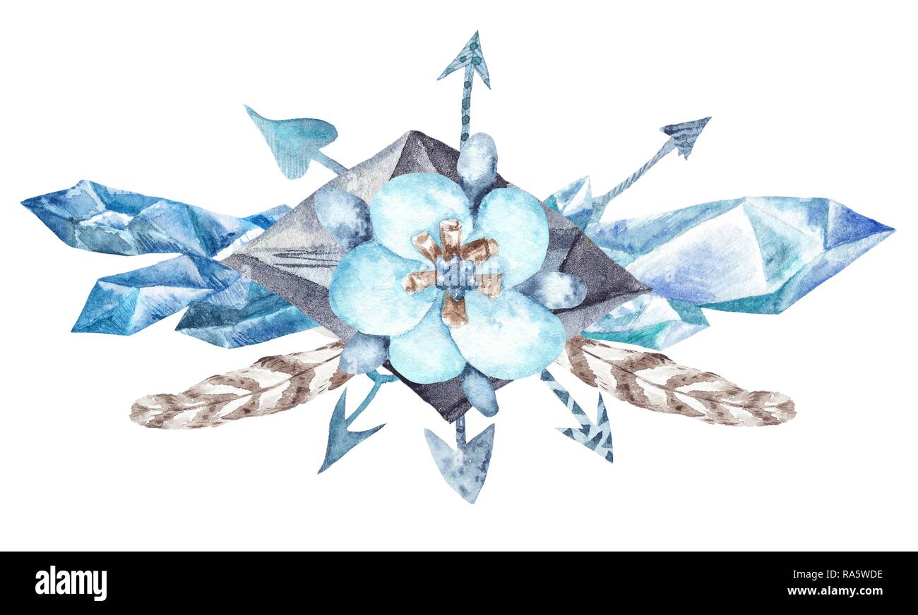 Stylish watercolor hand-painted vignette with feathers, florals, arrows ...