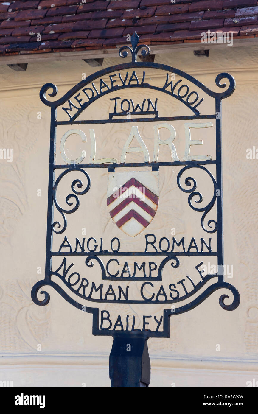 Village sign at Clare Ancient House Museum, High Street, Clare, Suffolk ...