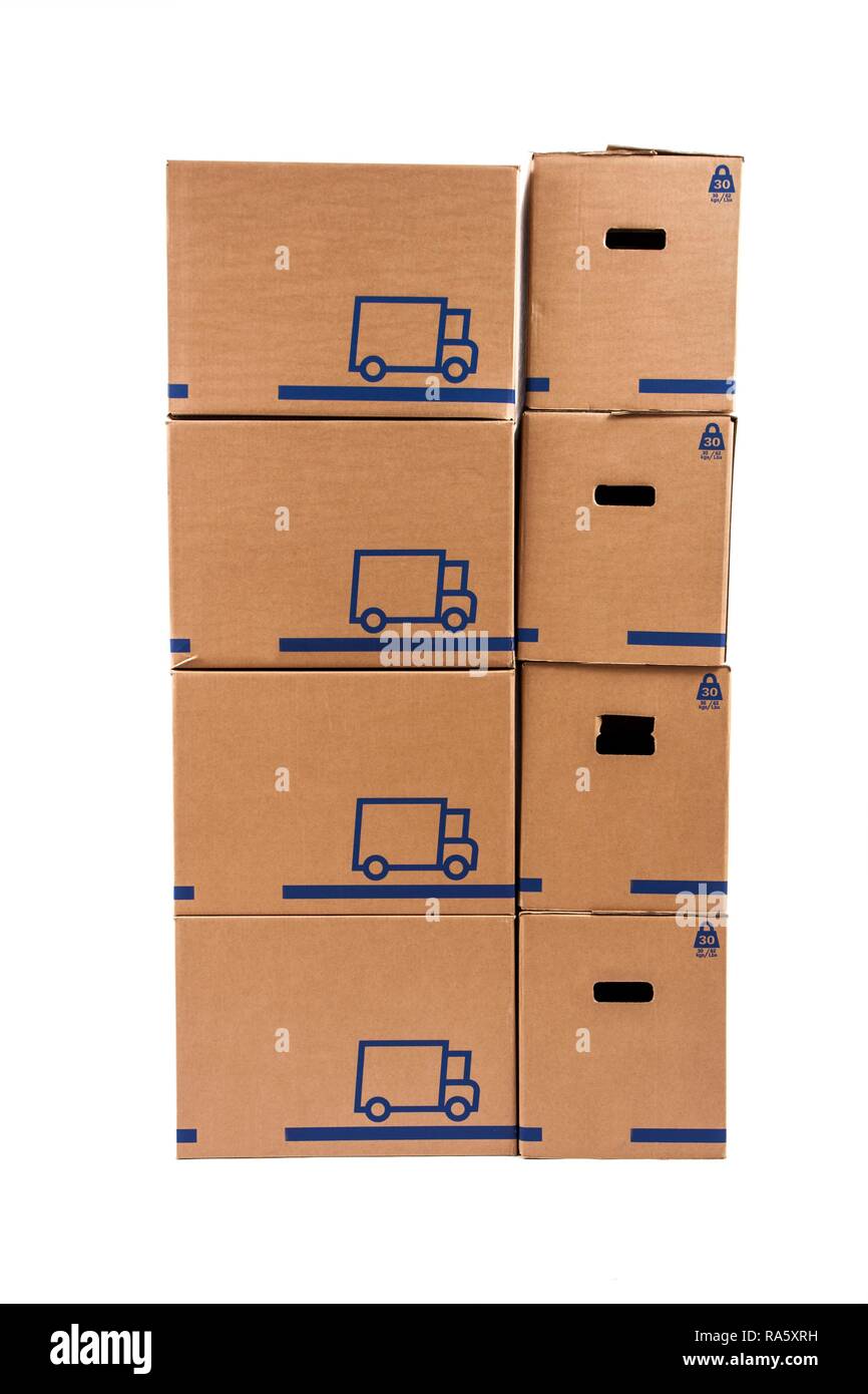 Stacked moving boxes Stock Photo - Alamy