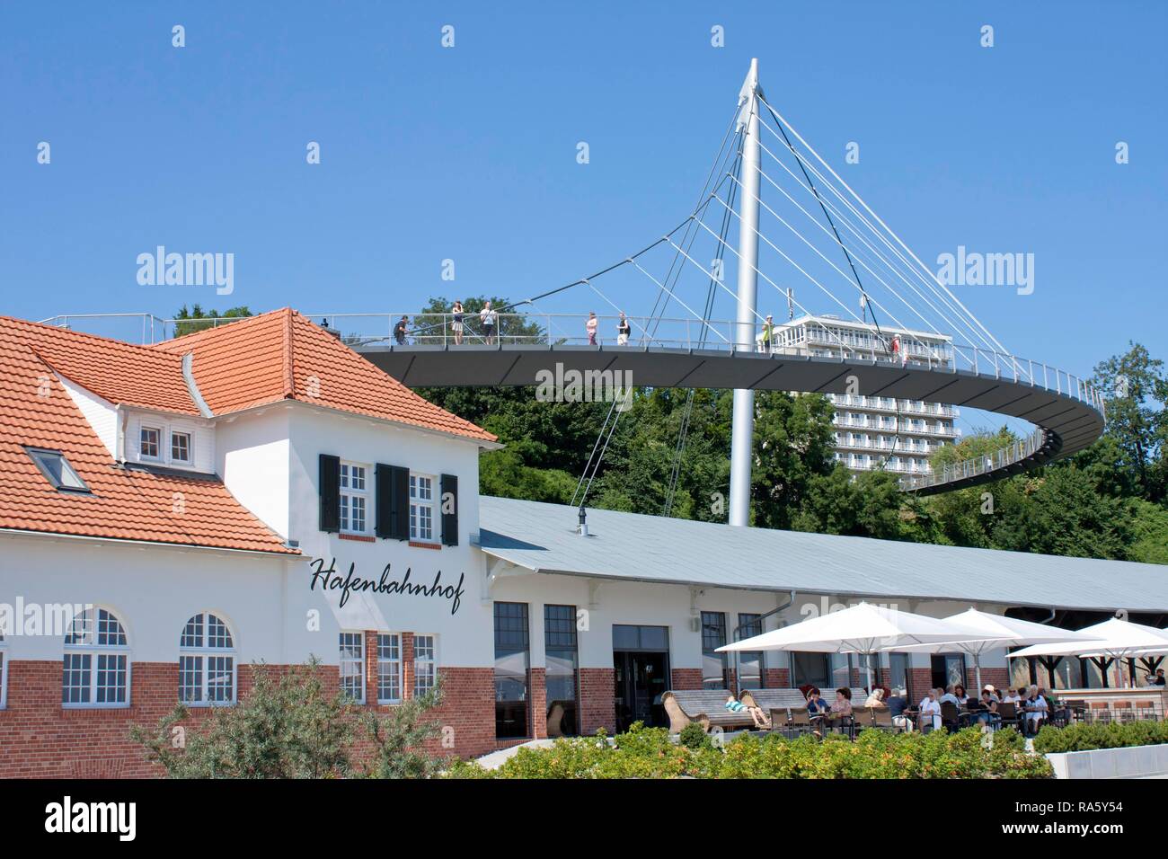 Hafenbahnhof restaurant and footbridge in the harbour, Sassnitz, Ruegen ...
