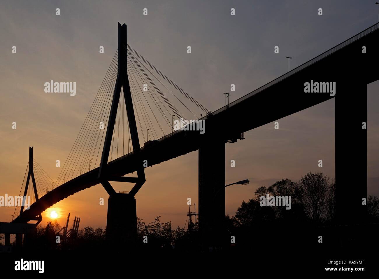 Koehlbrandbruecke bridge at sunset, Neuhof, Hamburg, Hamburg, Germany ...