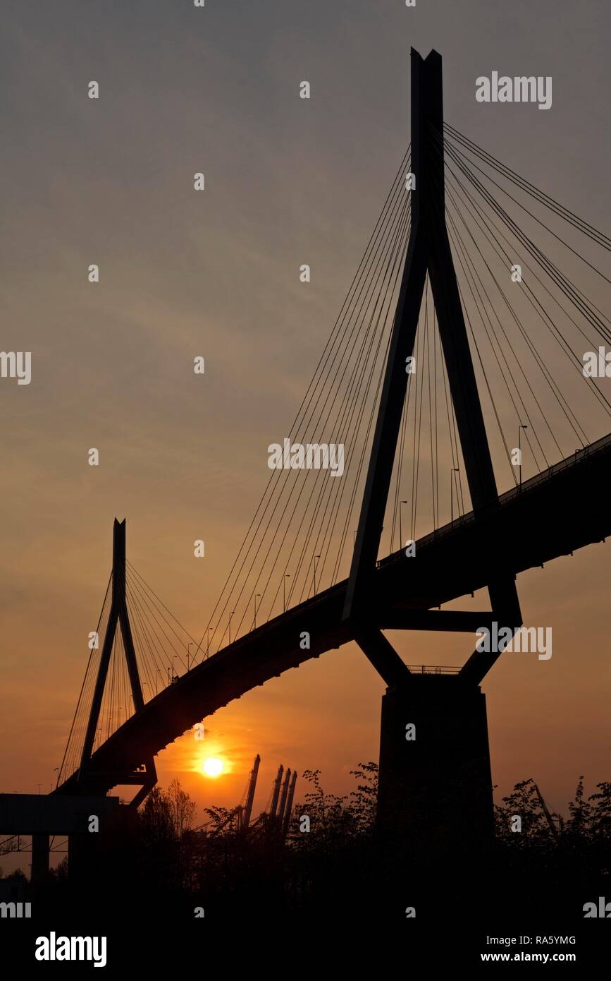 Koehlbrandbruecke bridge at sunset, Neuhof, Hamburg, Hamburg, Germany ...