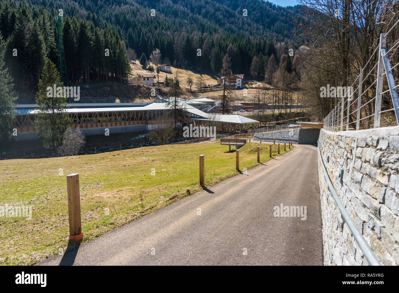 Sidewalk, path to Mezzana train station. Last station of Trento Malè ...