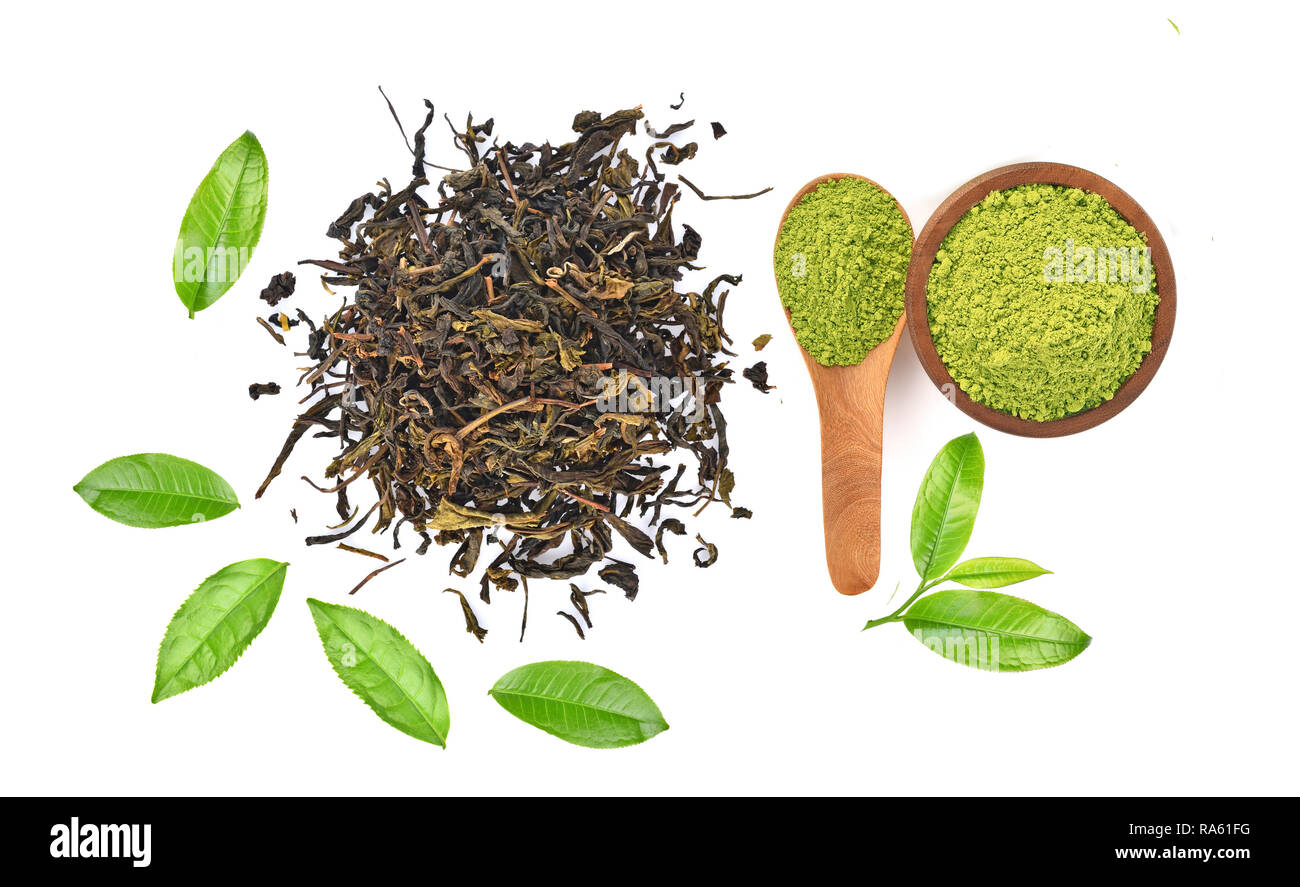 Top view of powder green tea and green tea leaf isolated on white ...