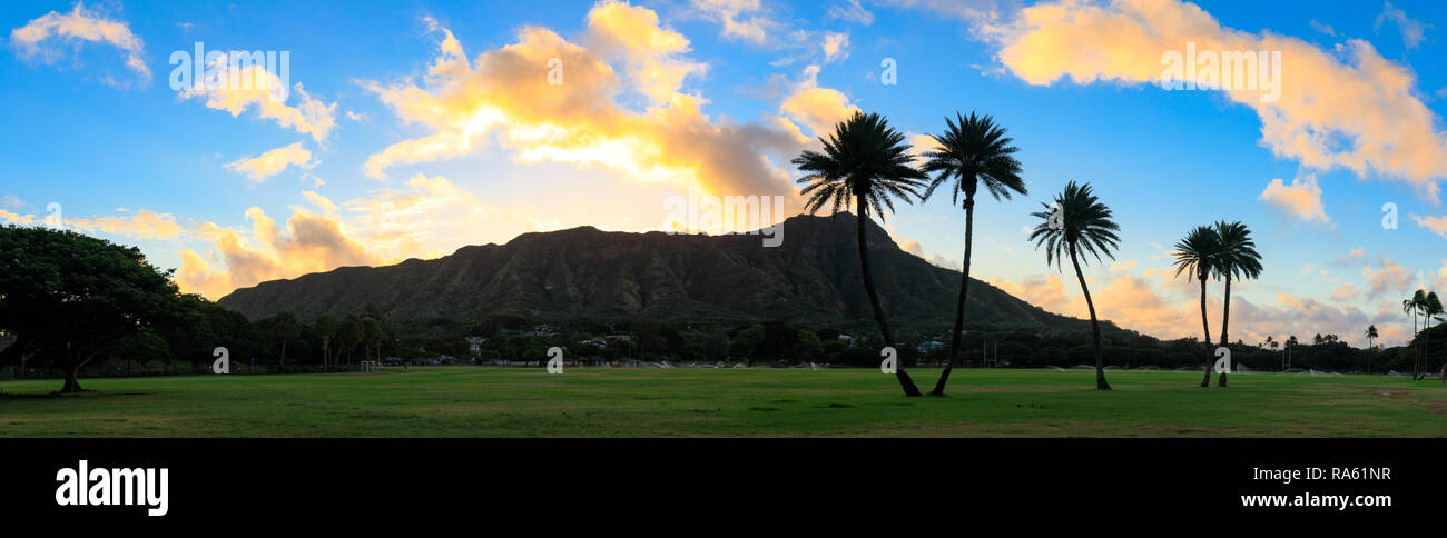 Diamond Head State Monument at sunrise, Oahu, Hawaii - panorama image ...