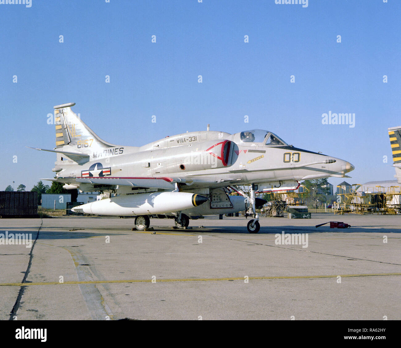 A right front view of a Marine A-4M Skyhawk aircraft sitting on the ...